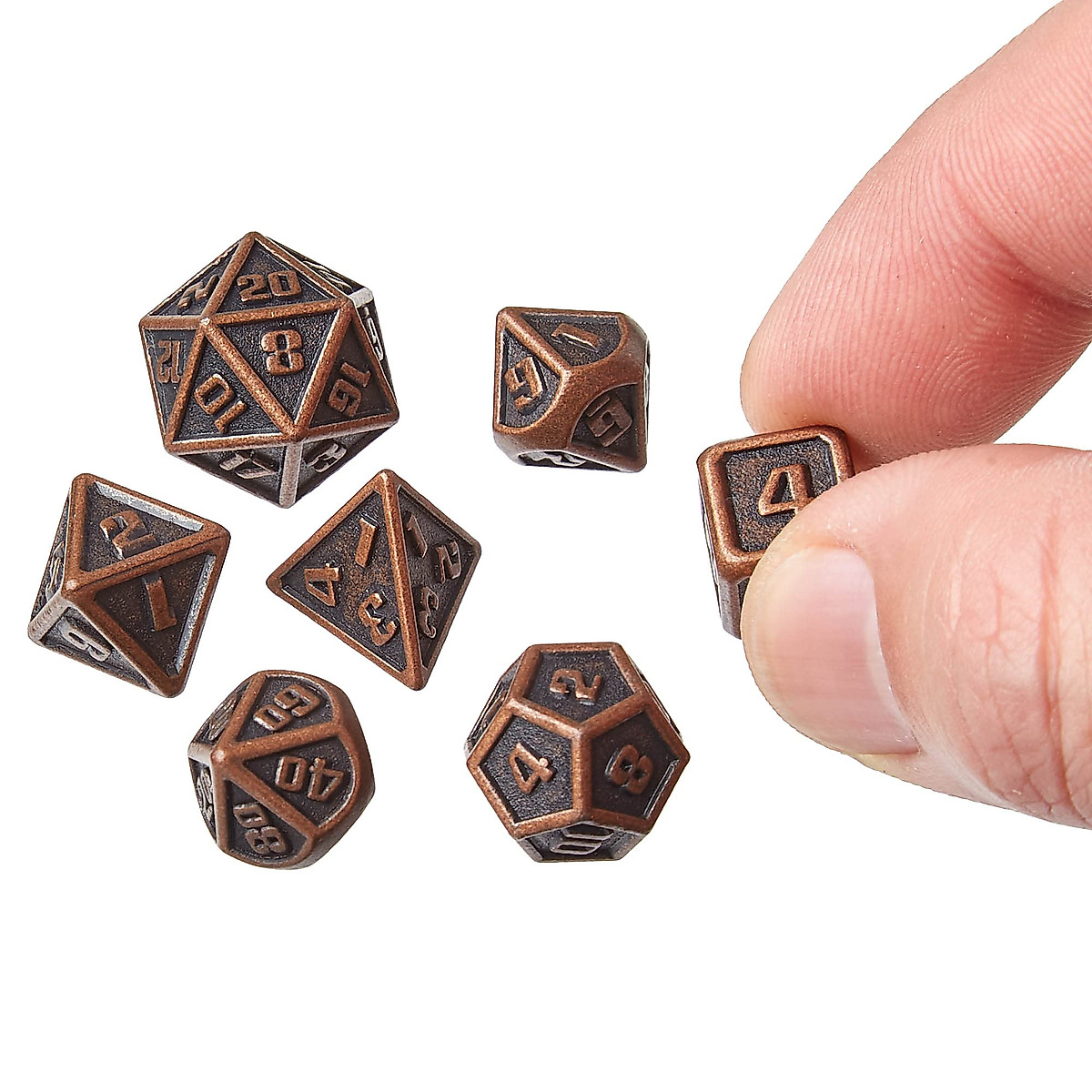 Wiz Dice - Metal Dice Set - DND Dice Set for Tabletop RPG Adventure Games - Polyhedral Dice Set, Suitable for Dungeons and Dragons and Dice Games Alike - Ancient Copper - 10 mm - 7 ct