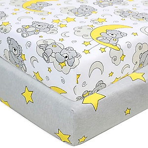 Organic Crib Sheets (2 Pack) - 100% Organic Jersey Cotton Fitted Crib Sheets for Standard Crib and Toddler Mattresses |Star and Bear Print | (Grey, Yellow, White)