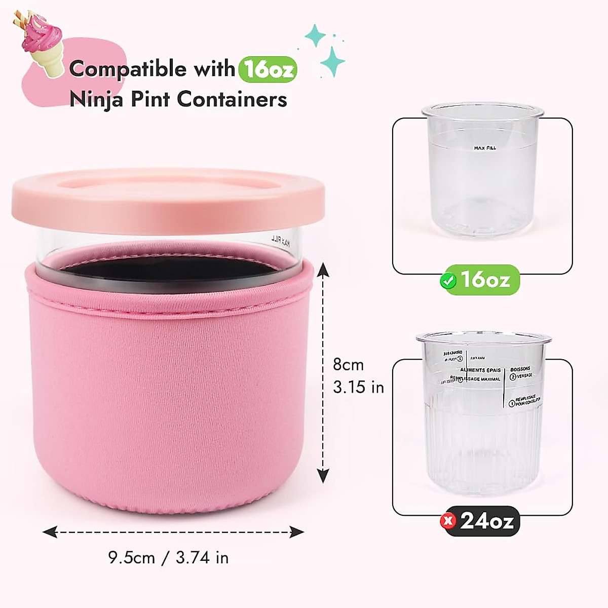 GINOYA Ice Cream Sleeve for Ninja NC301 Pints, 4pcs Reusable Insulated Neoprene Sleeves Accessories Compatible with NC300 NC299AMZ Series Ice Cream Maker Containers, 16Oz (Tups Not Included)