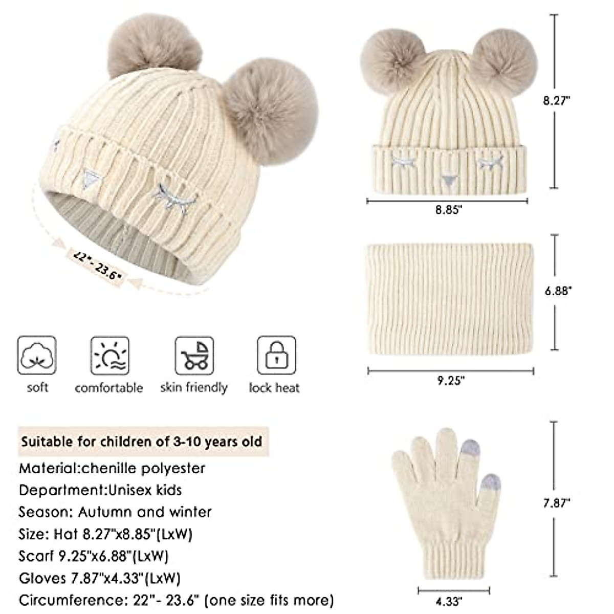 Toddler Boys Girls Winter Warm Knit Beanie Hat Touchscreen Gloves Neck Scarf with Fleece Cap for 3 4 5 6 7 Year Kid Gifts