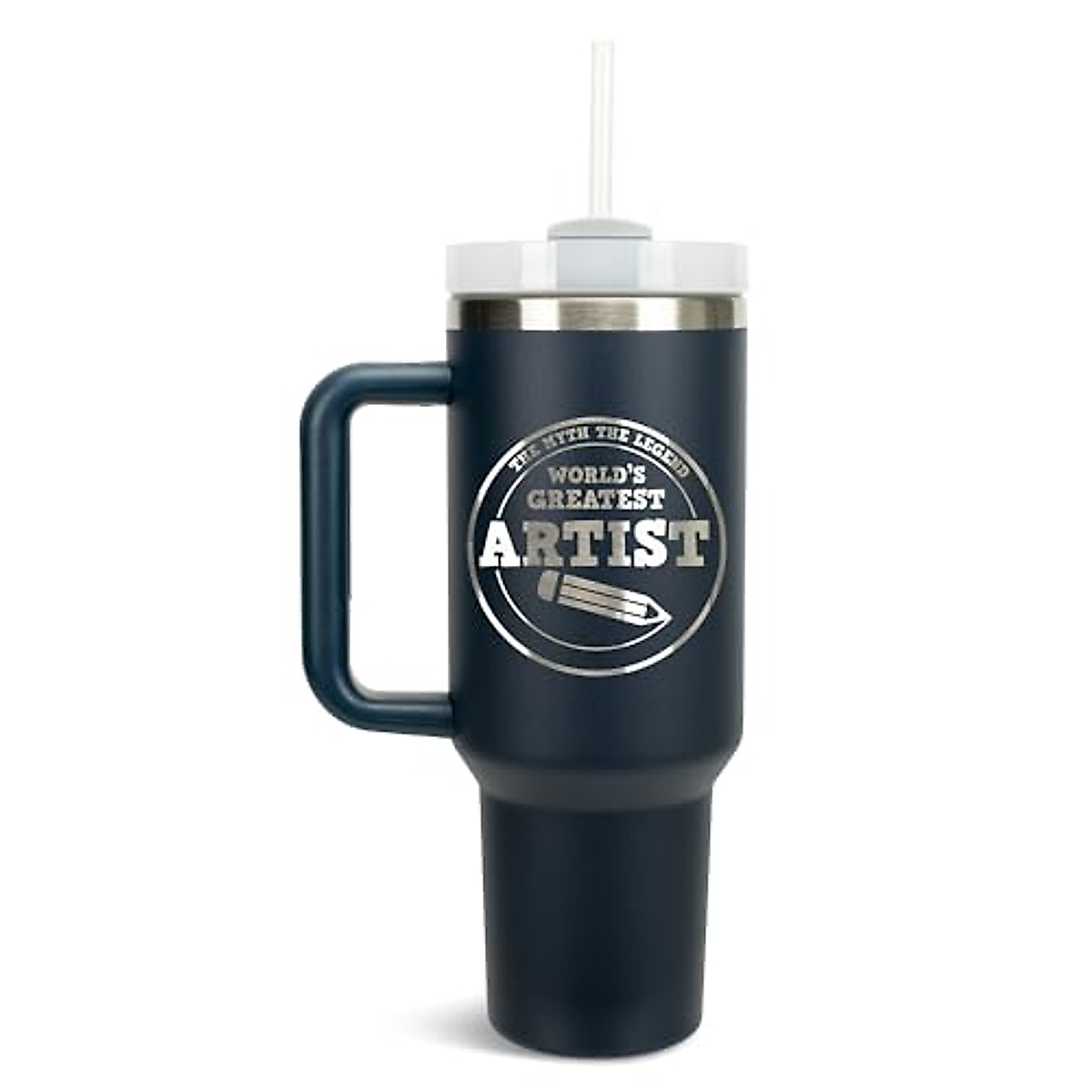 100 North | 40 oz Stainless Steel Double Wall Insulated Travel Tumbler With Handle, Straw, and Lid, World's Greatest Artist Navy Blue