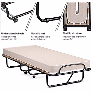 GOFLAME Rollaway Beds with Memory Foam Mattress, Folding Bed Cot Size for Adults, Portable Guest Beds with Sturdy Metal Frame for Spare Bedroom & Office