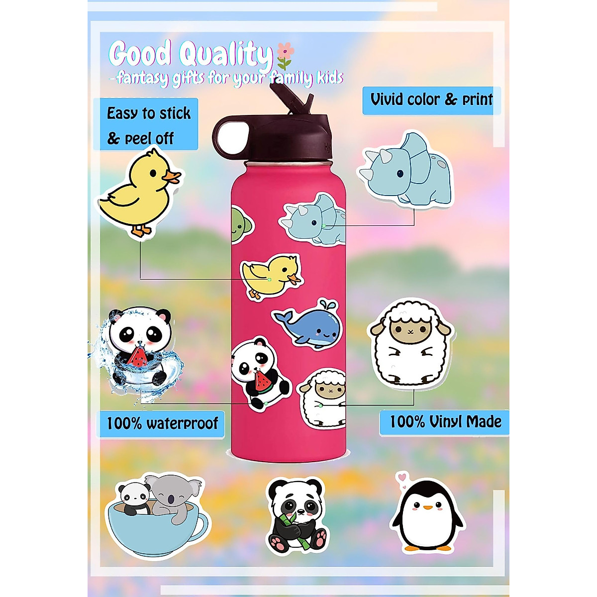 100pcs Cute Animal Stickers for Water Bottle， Waterproof Vinyl Kawaii Stickers for Laptop Phone Skateboard, Cute Animal Decals Christmas Gifts for Kids Teens Girls Boys