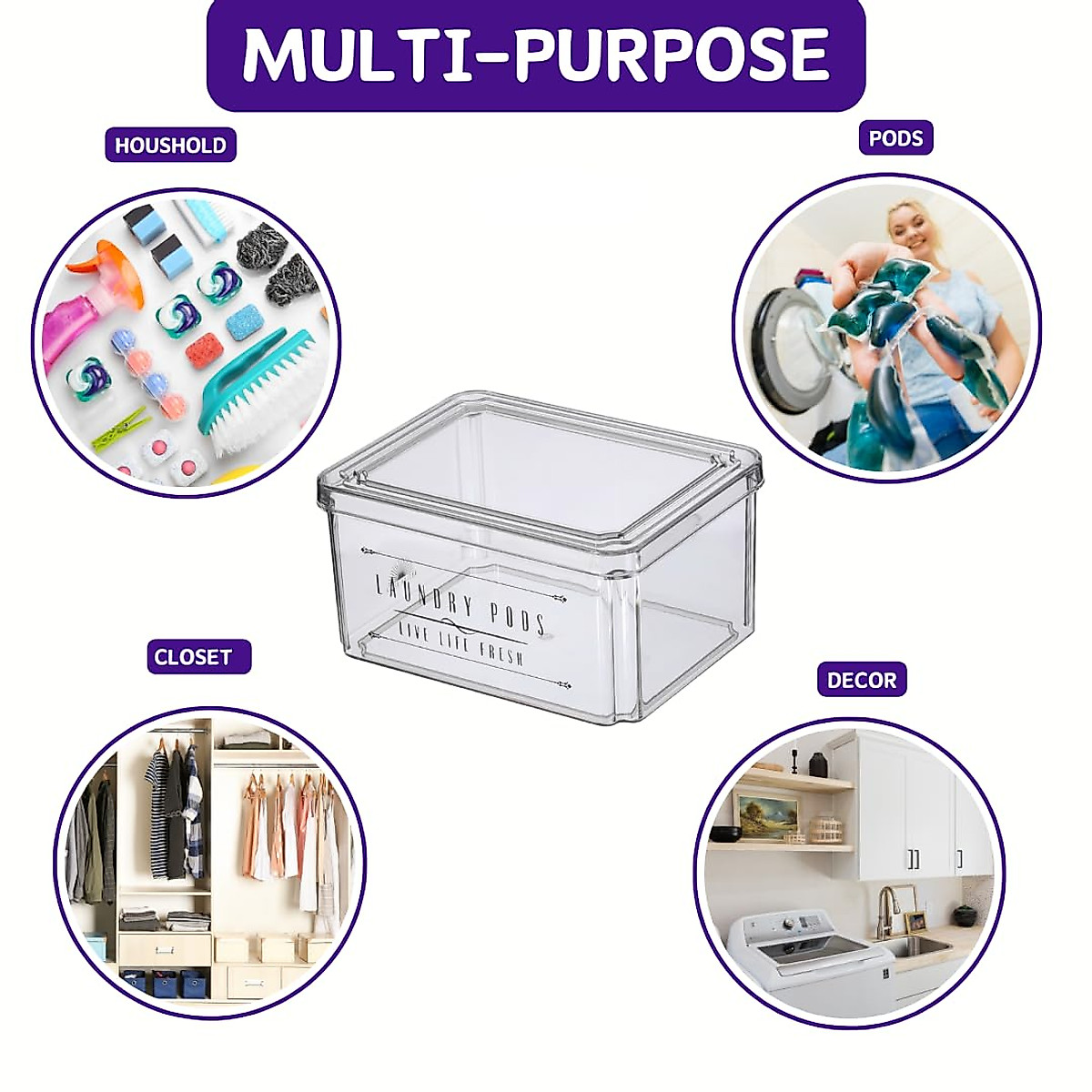 Modern Order Premium Laundry Detergent Pods Container, Clean & Clear Pod Pacs, Beads, Dryer Sheet Holder, Stackable Laundry Room Storage, Rectangle Box with Lid, Home Decor, Medium, Clear/Black