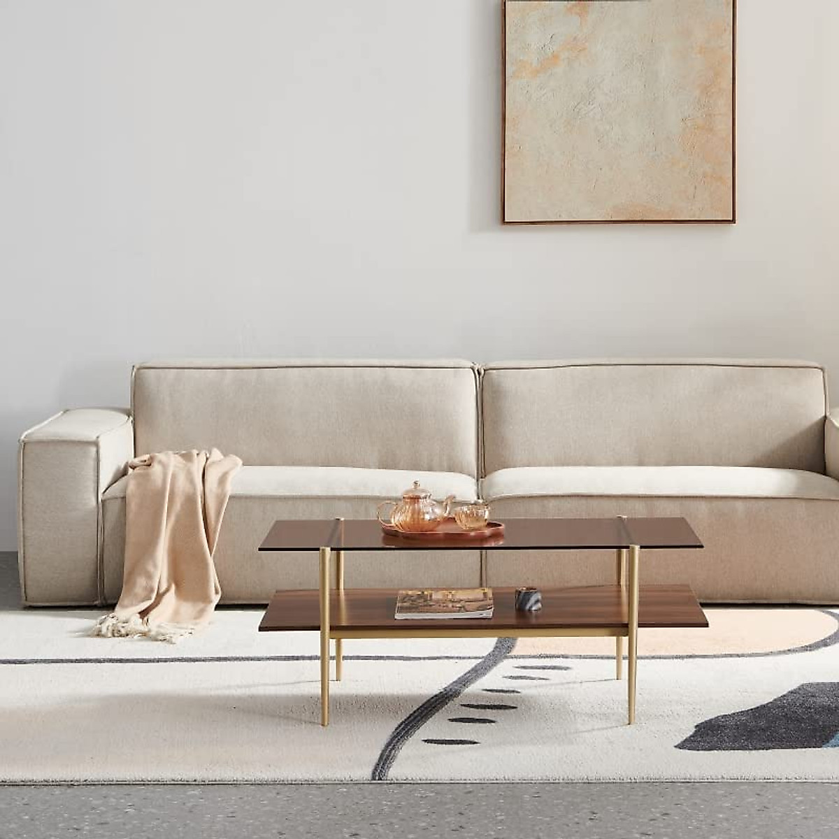 AGV LIGHTING 202206 Tadio Glass Coffee Table, Double Layer Coffee Table for Living Space, Gold Finish Frmae, Coffee Brown Glass Top & Walnut Brown Wood Top