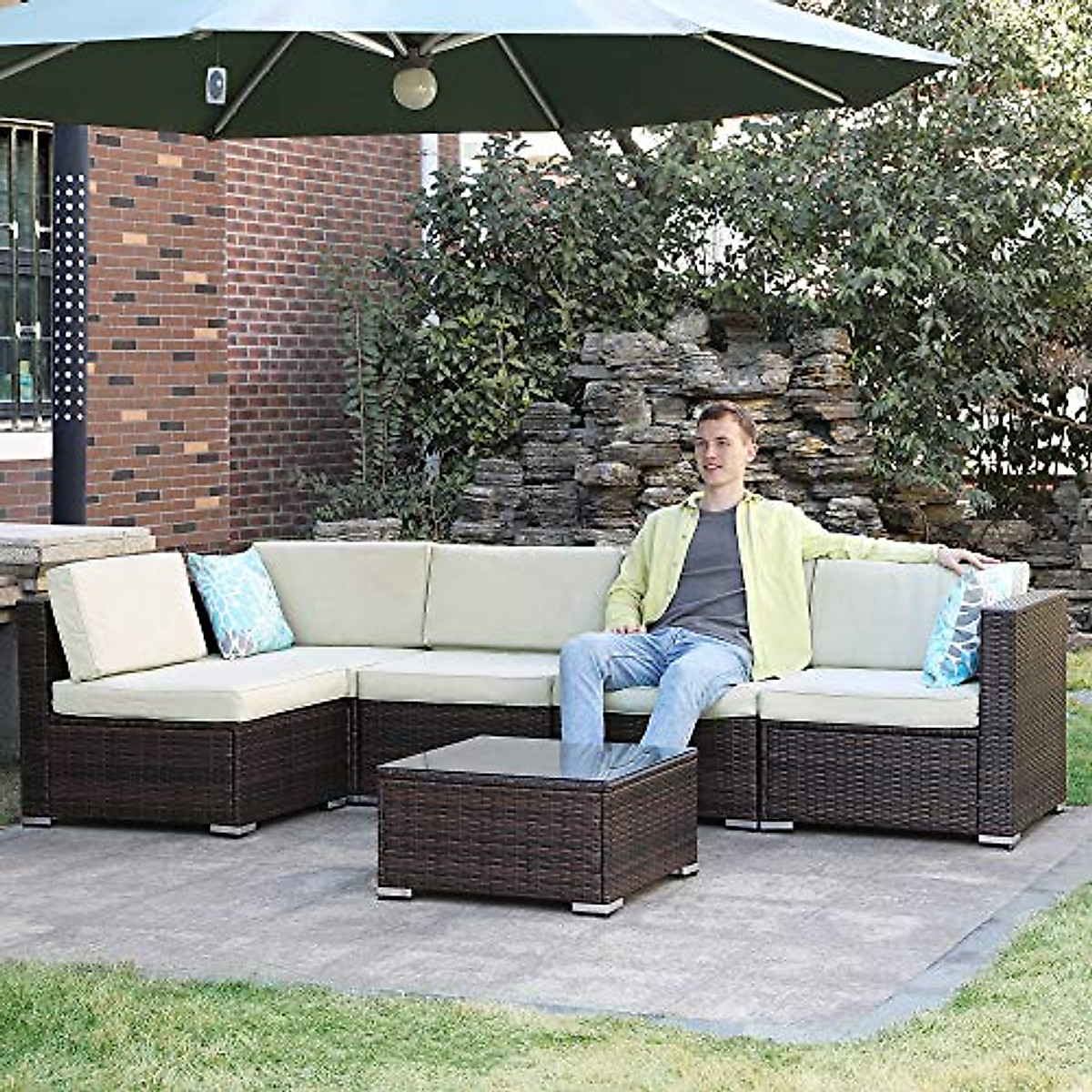 YITAHOME 6 Piece Outdoor Patio Furniture Sets, Garden Conversation Wicker Sofa Set, and Patio Sectional Furniture Sofa Set with Coffee Table and Cushion for Lawn, Backyard, and Poolside, Brown