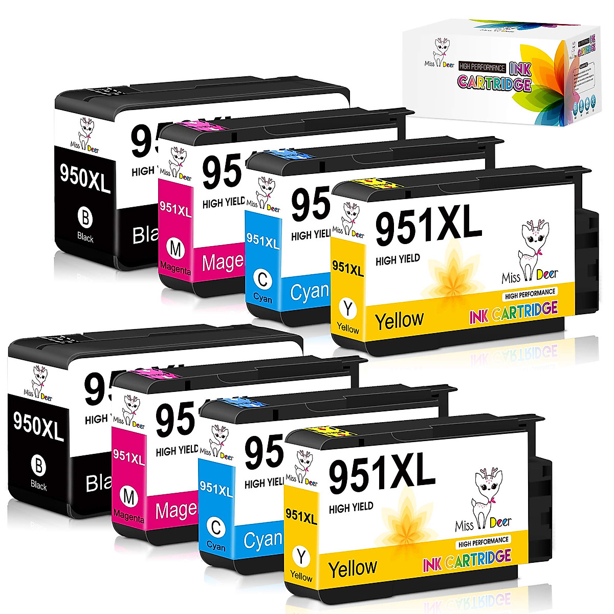 Miss Deer 950 951 Ink Cartridges Combo Pack Compatible Replacement Ink for HP 950 XL 951XL,Work for HP Officejet Pro 8610 8600 8620 8630 8640 8100 8615 251dw 271dw 276dw(2BK,2C,2M,2Y)