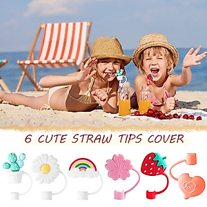 6 PCS Straw Covers Cap with 6 Reusable Drinking Straws,6-8mm Cute Flowers Fruit Straw Toppers for Normal Cup Silicone Straw Tip Covers Kawaii Drinking Dust-Proof Straw Plugs