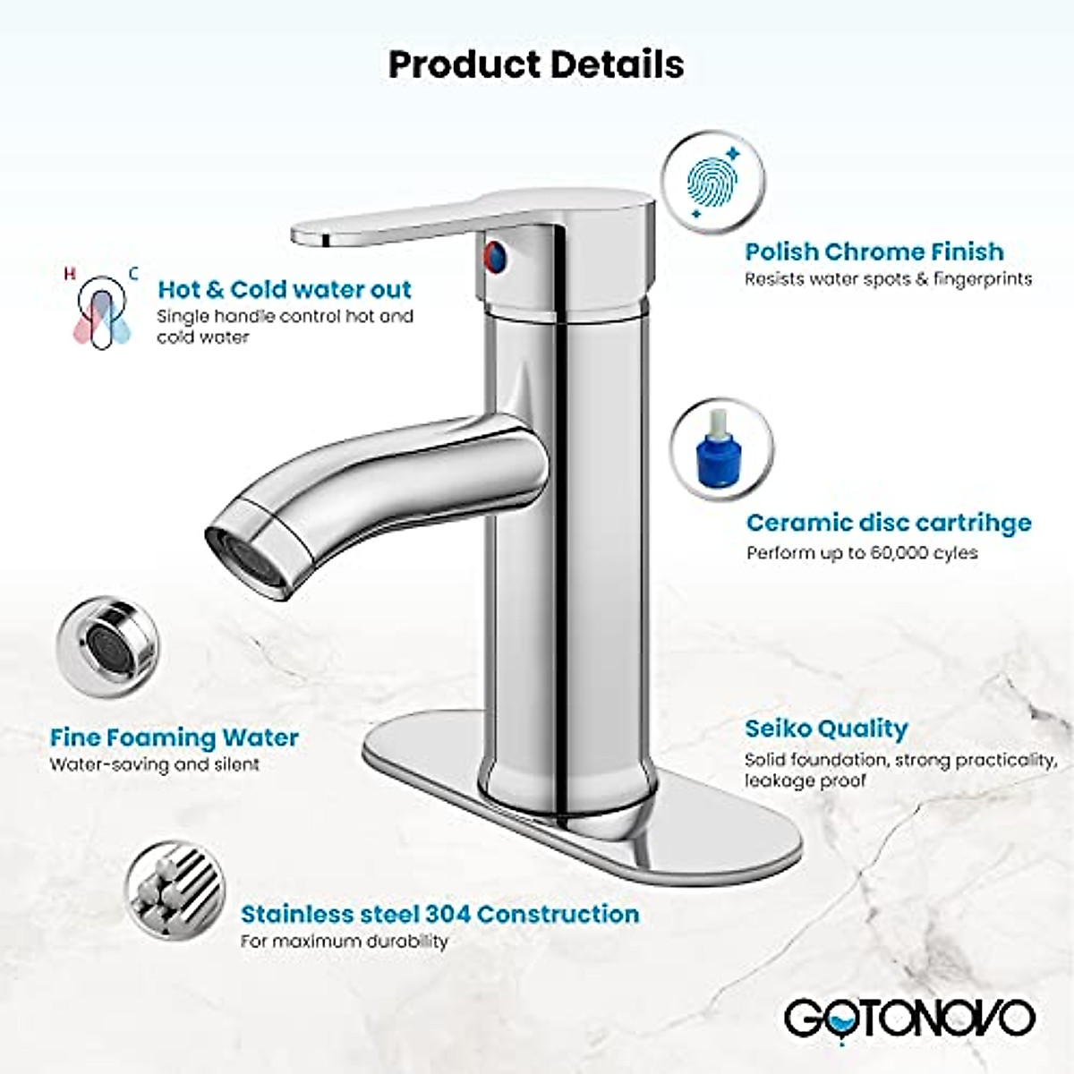 gotonovo Stainless Steel 304 Bathroom Faucet Chrome Polished Farmhouse Single Handle Lavatory Basin Vanity Sink Faucet with Supply Line