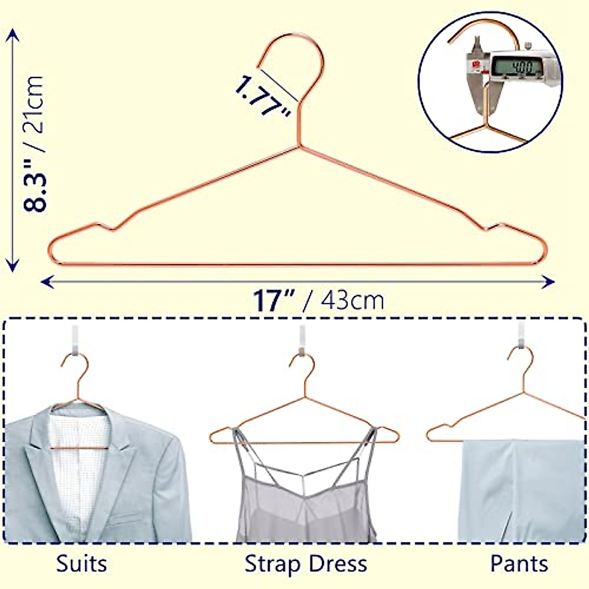 Amber Home 17" Rose Gold Strong Metal Hanger 30 Pack, Copper Clothes Hangers, Heavy Duty Coat Hangers, Standard Suit Hangers for Jacket, Shirt, Dress (Copper, 30)