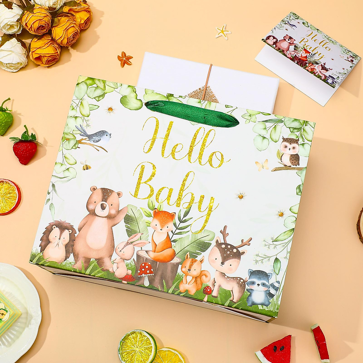 Baby Shower Paper Bag Hello Baby Large Gift Bag Woodland Animals Sage Green Baby Girl Boy Wrapping Paper with Tissue Paper Card for Baby Shower Birthday Gender Reveal Party Favors Decorations Supplies