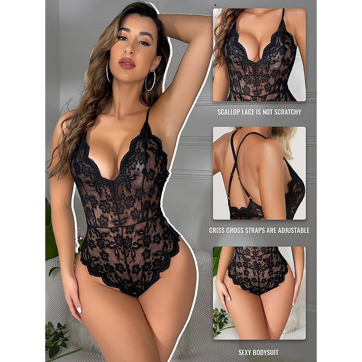 Buitifo Women Lace Bodysuit One Piece Babydoll Backless Mini Teddy V Neck Lingerie（black 1,M