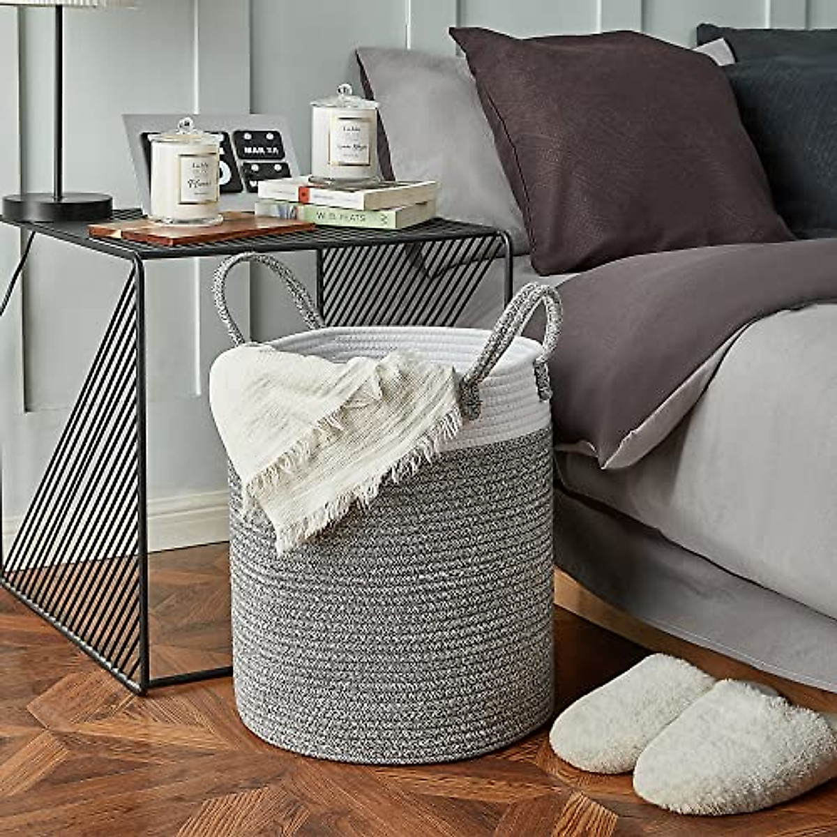 LA JOLIE MUSE Woven Rope Basket Hamper, Tall Cotton Laundry Basket 16 x 14 x 14 Inches, Clothes Blanket Storage Baskets for Living Room Nursery Bedroom Bathroom, White & Gray
