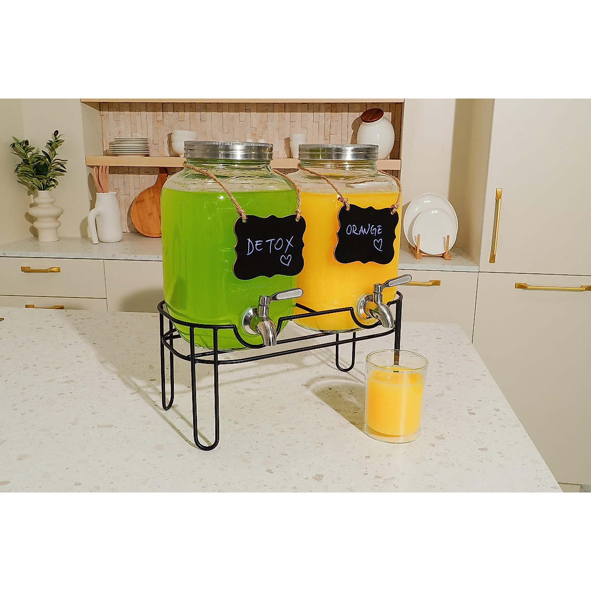 CHENE DE SAINT MARS Glass Drinks Dispenser with Metal Stand, Drinks Dispenser for Parties, Water Jug Dispenser, Water Dispenser Countertop, Beverage Dispenser with Stand, Lemonade Stand for Kids,