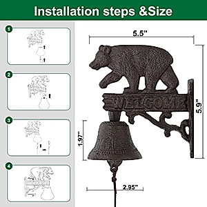 KAVSI Dinner Bell Heavy Duty Cast Iron Wall Hanging Bell, Bear Welcome Sign Decorative Bells, Indoor Antique Style Door Bell, Outdoor Wind Chimes Wall Mounted Bells for Church, School, Home Decor