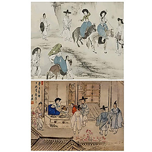 PARTYCRAFTZ Korean Soju Shot Glass Set – 5 Piece Ceramic Pottery Cup for Whiskey Sake Vodka Alcohol Liquor w/Korea Traditional Illustration Paintings Gift Party Decoration Display Drinking Glasses