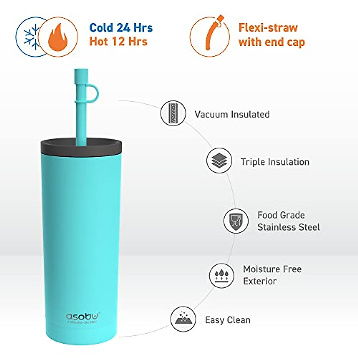 asobu Sippy Double Wall Stainless Steel Tumbler with Silicone Flexible Straw, 20 Ounces (Teal)