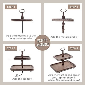 FESTWIND Farmhouse Wooden Rectangle Tiered Tray for Countertop, Small Beaded Tiered Tray Stand for Holidays, Two Tiered Tray Distressed Brown