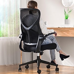 Sweetcrispy Ergonomic Office Desk Computer Chair, Comfy High Back Swivel Rolling Home Mesh Gaming Chairs with Wheels, Lumbar Support, Flip-up Arms,120°tilt for Bedroom, Study, Work, Black