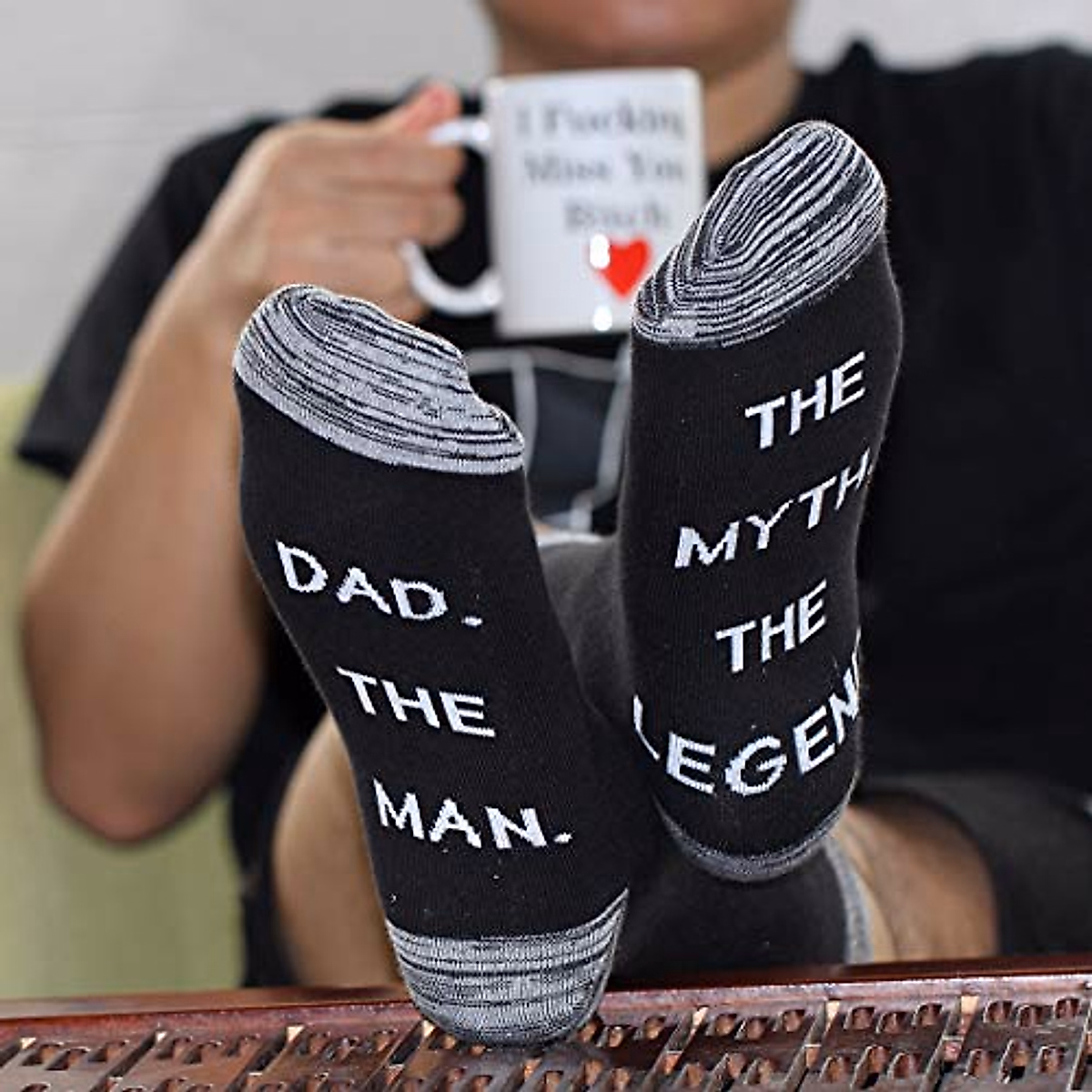 LEVLO Father' s Day Gift Dad Socks Dad The Man The Myth The Legend Socks Funny Present For Dad New Daddy Socks (2 Pairs/Set - Mid Calf - 1)