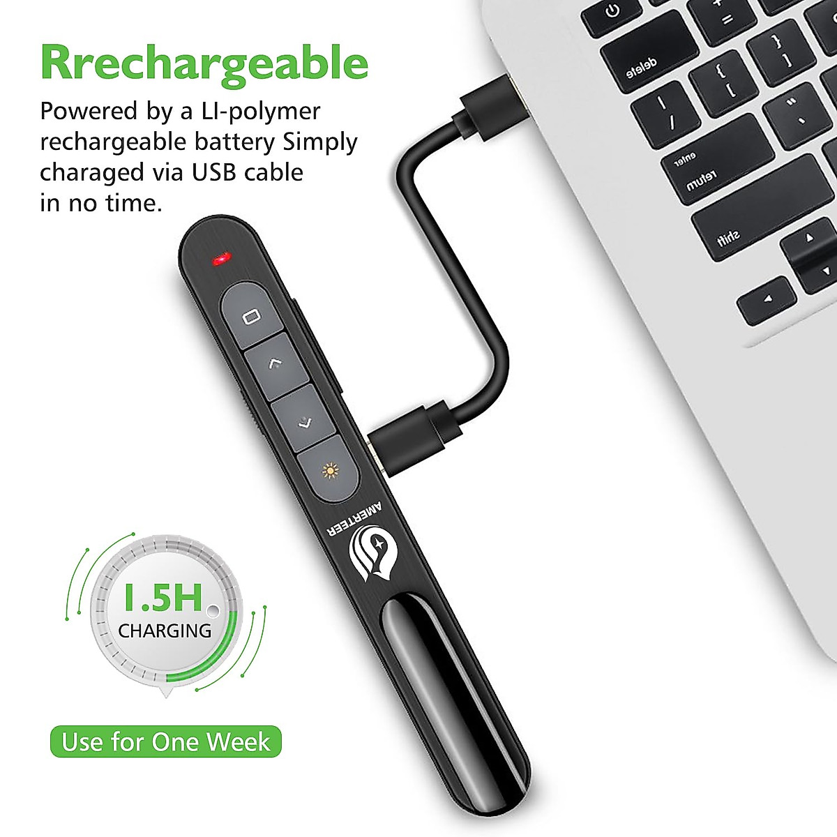 AMERTEER Wireless Presenter, Green Light Rechargeable Presentation Remote Powerpoint Clicker with Laser Pointer PPT Slides Clicker Support Hyperlink RF 2.4GHz