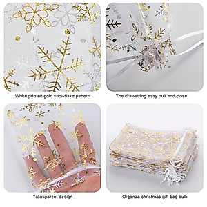 HongyiTime 100 PCS 4X6 inch Snowflake Organza Gift Bags Christmas, White Mesh Jewelry Pouches Little Drawstring Candy Bags