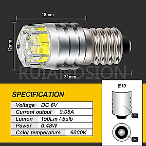 Ruiandsion 2pcs E10 Base LED Upgrade Bulb White 6V COB 2W Replacement for Flashlights Torch Lights