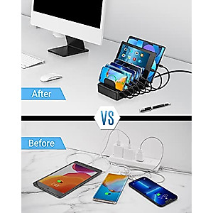 Charging Station for Multiple Devices, ALFUEL 50W 6 Port USB Charging Station Dock with 6 Charging Cables, Charger Station Organizer for iPhone, Android, Tablets, Kindle, Smart Watch - Black