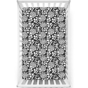 Roses Themed Fitted Crib Sheet,Standard Crib Mattress Fitted Sheet Toddler Bed Mattress Sheets-Great for Boy or Girl Room or Nursery,28“ x52“,White and Charcoal Grey