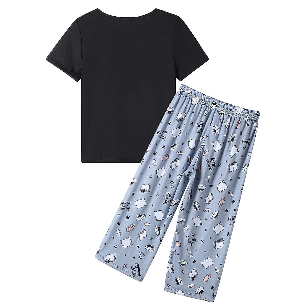 VENTELAN Pajamas Women Short Sleeve Capri PJS Cute Sleepwear Set, Grey-Coffee, Large(US 12-14)