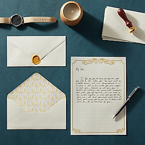 Vintage Letter Writing Kit with 60 Sheets of Gold Border Paper and 30 Envelopes for Letters, Valentine's (7.25 x 10 In)