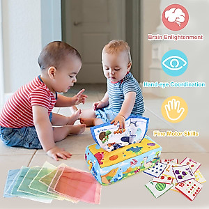 Joyfia Tissue Box Toy, Montessori Toys for Babies 0-12 Months, Soft High Contrast Crinkle Cloth Sensory Toys, Toddlers Infants Early Learning Developmental Gifts for 1+ Year Old Boys Girls Kids