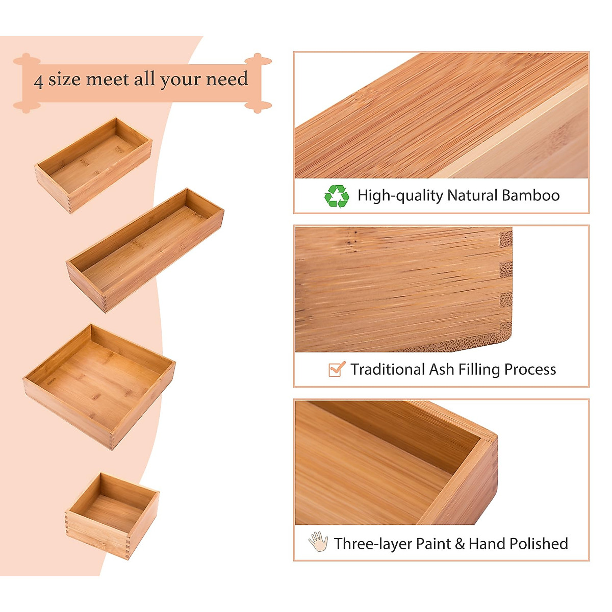 Sansnow Bamboo Organizer Storage Boxes for Tabletop Bathroom Dresser Organizer Small Boxes, Bamboo 4"*4"