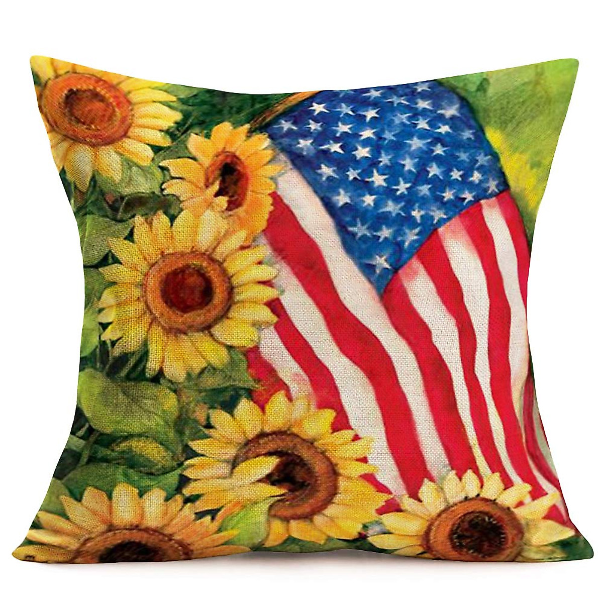 YANGYULU Pillow Covers Garden Sunflowers Blooming Flowers Decorative Cotton Linen Patriotic American Flag Cotton Linen Pillow Case Decor Independence Day Gift for Home 18"x18"4PCS(Sunflower Blooming)
