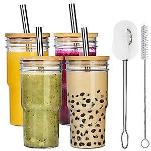 Haundry 4 Pack Glass Cups with Lids and Straws, 22 oz Boba Cups with Bamboo Lids, Reusable Drinking Glasses Set for Smoothies, Juice, Bubble Tea