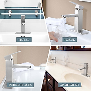 Homikit Brushed Nickel Single Handle Bathroom Faucet with Pop Up Drain, 1 or 3 Holes, Stainless Steel Vanity RV Lavatory Faucet with Deck Plate, 2 Water Supply Hoses