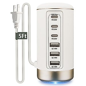 100W USB C Charger for Multiple Devices,6-Port 30W USB-C & 18W USB Ports- Compact, Space-Saving Design Fast Charging Tower for iPhone, Galaxy,Pixel, iPad, Watches,Home Office Use