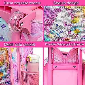 4PCS Rolling Backpack for Girls,Kids Unicorn Bookbag with Roller Wheels, Suitcase School Bag Set for Toddler Elementary