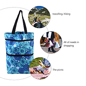 VILLCASE Foldable Dolly Folding Shopping Cart Stair Climber Cart Foldable Compact Grocery Collapsible Trolley Bags Reusable Shopping Bags Grocery Bags Shopping Trolley Blue Flowering Shopping Tote