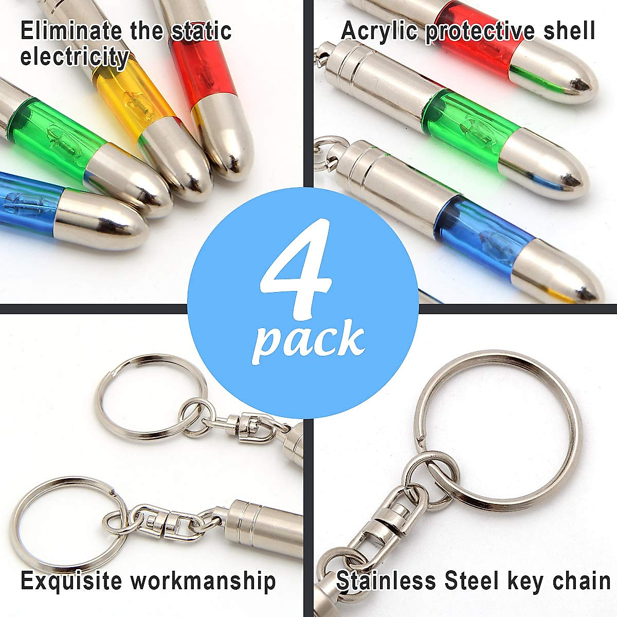 SWEETHOMEDECO 4 Packs Car Static Human Body Static Eliminator Discharger, Silver Tone High Voltage Anti-Static Keychain ESD Tool Sets, Charger 1811