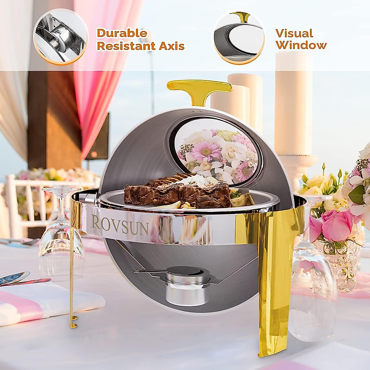 ROVSUN 6 Quart 2 Packs Round Chafing Dish Buffet Set Gold Accent, Stainless Steel Roll Top Chafer for Catering, Food Warmer with Glass Window for Party Wedding Catering Banquet Graduation Event