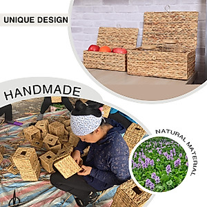 LUSYDECO Set of 3 Wicker Storage Baskets with Lid, Large Rectangular Rattan Basket Decorative Boxes 15"L x 12"W x 7"H, Natural Water Hyacinth Wicker Basket for Shelf Organizer, Nursery Room