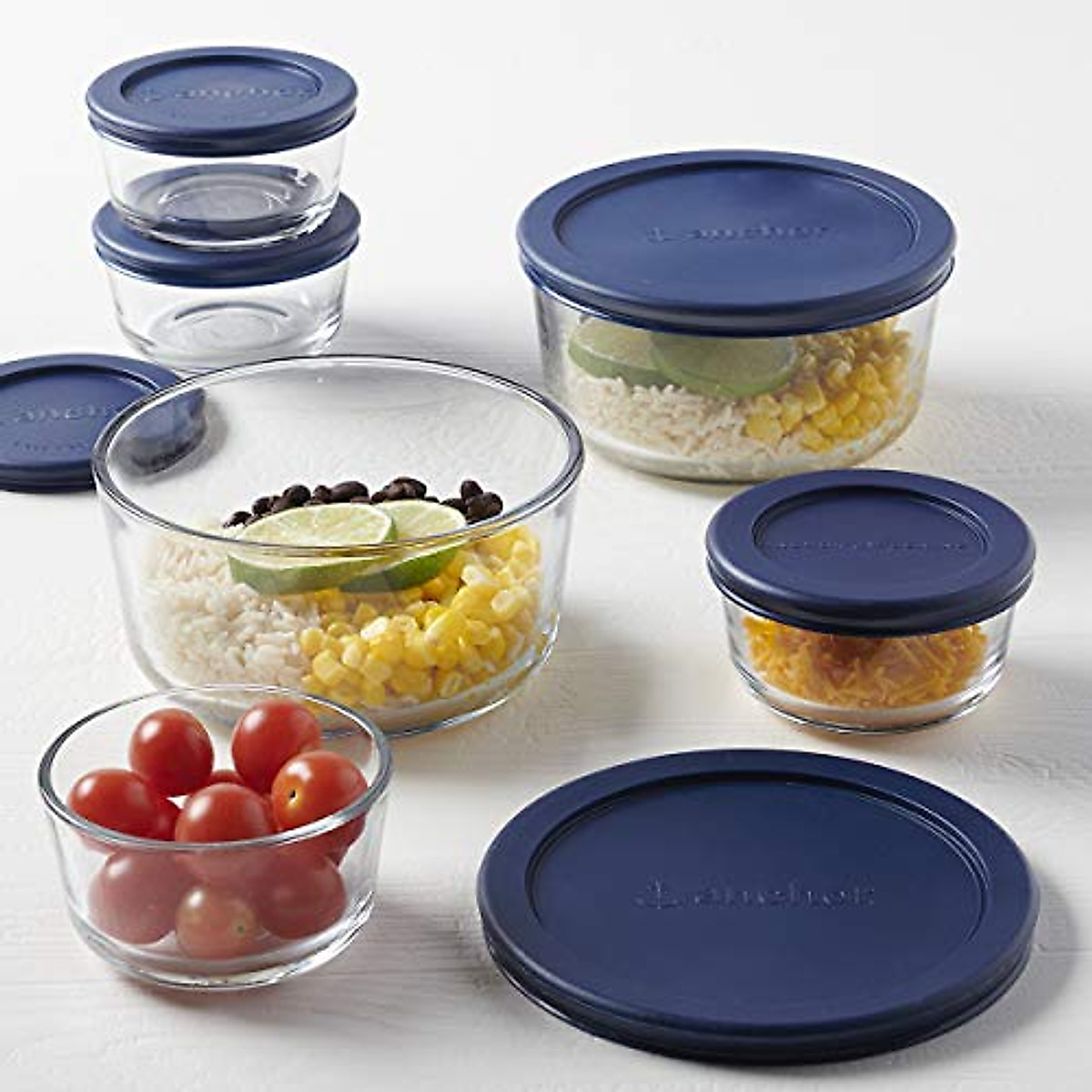 Anchor Hocking Round Food Storage Containers with Blue SnugFit Lids, (12-piece, mixed sizes, BPA and lead free, glass tempered tough for oven, microwave, fridge, and freezer)