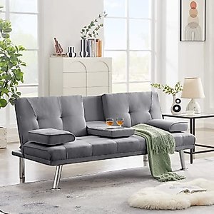AnwickNomo Convertible Folding Futon Sofa Bed with Metal Legs & 2 Cupholders, Modern Faux Leather Upholstered Couch Loveseat Sleeper, Couches Bed, Removable Armrests for Small Spaces (Gray)