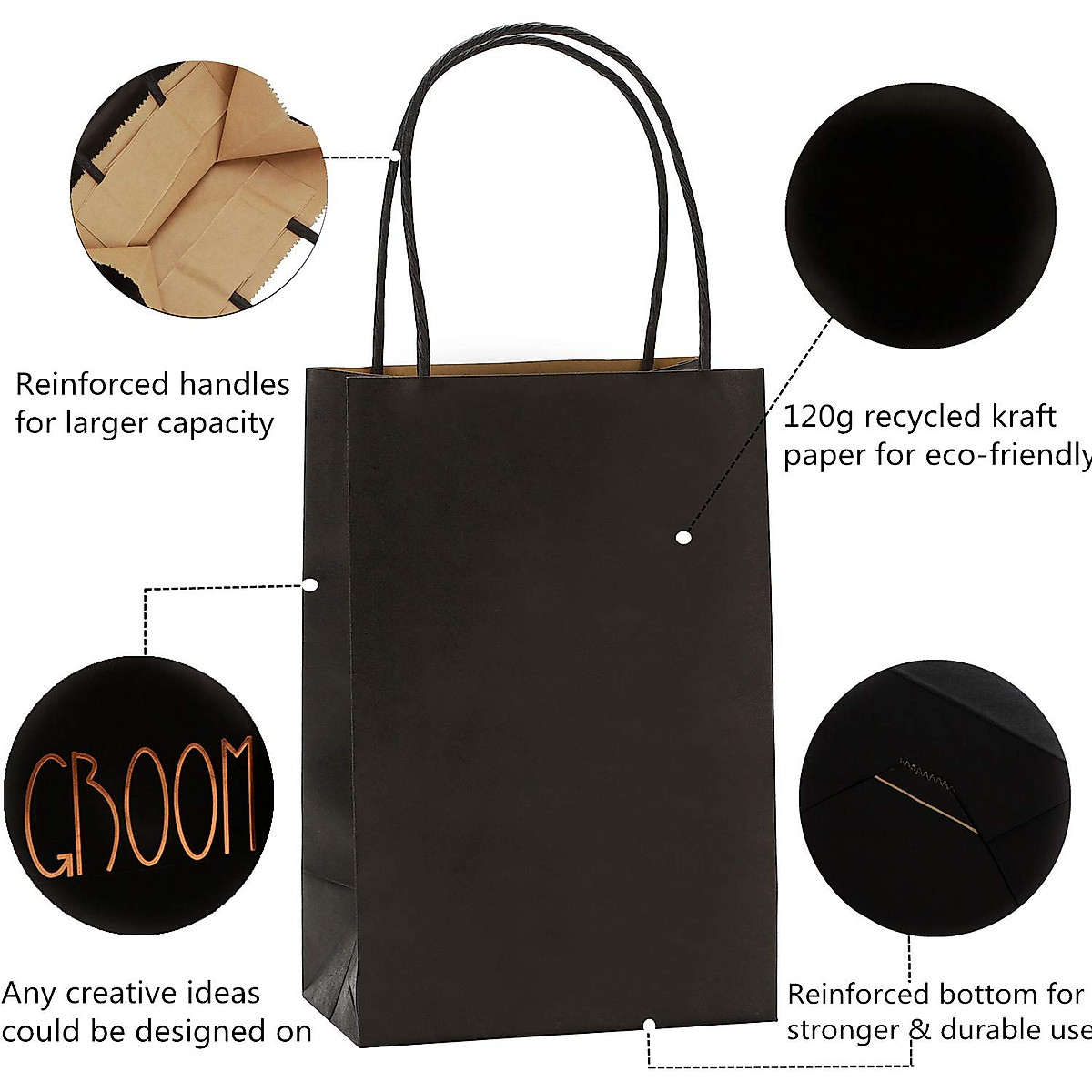 Ronvir 50Pcs Black Gift Bags, 10x5x13 Inches Paper Bags With Handles, Large Shopping Bags, Recycled Black Kraft Bags For Business, Retail, Christmas, Welcome, Wedding, Party, Holiday