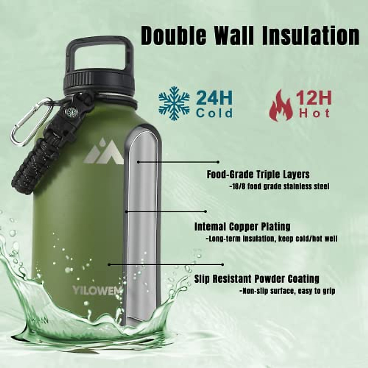 64 oz Water Bottle Stainless Steel with Straws & 3 Lids, Double Wall Vacuum Insulated Half Gallon Water Bottle with Sleeve & Carry Pouch, 64oz Leak Proof Metal Thermos Water Jug for Sport Camping