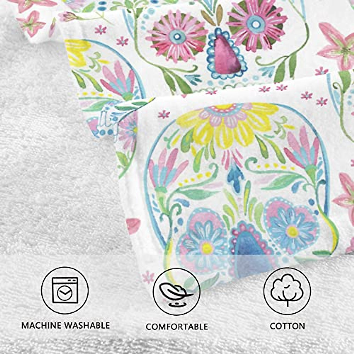 ALAZA Sugar Skull Floral Day of Dead Hand Towels for Bathroom 1OO% Cotton 2 pcs Face Towel 16 x 28 inch, Absorbent Soft & Skin-Friendly