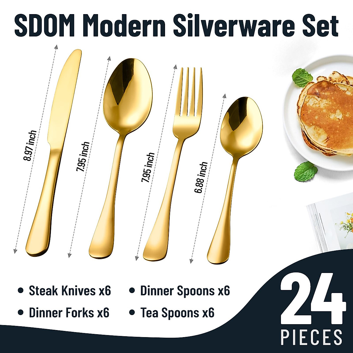SDOM Silverware Set, Mirror Finish 24-Piece Stainless Steel Rounded Flatware Set for 6, Food-Grade Tableware Cutlery Set, Utensil Sets for Home Restaurant, Dishwasher Safe（Gold）