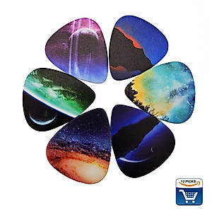 Unique Guitar Picks 12 Medium Gauge Pack with Picks Holder and Plastic Picks Box, SUNLP Fairyland Galaxy Themed Guitar Cool Picks for Bass Electric Guitar Acoustic Guitar Lovers guitarists gift