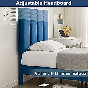 VECELO Twin Size Bed Frame, Upholstered Platform Bedframe, Adjustable Headboard, Wood Slat Support, No Box Spring Needed, Easy Assembly, Blue
